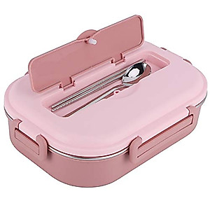 Raviga Stainless Steel Lunch Box 4 Compartments Portable Bento Box for Kids Student or Adult Food Storage Containers with Lids Airtight Soup Bowl And Tableware Large Capacity 50-oz(Pink)