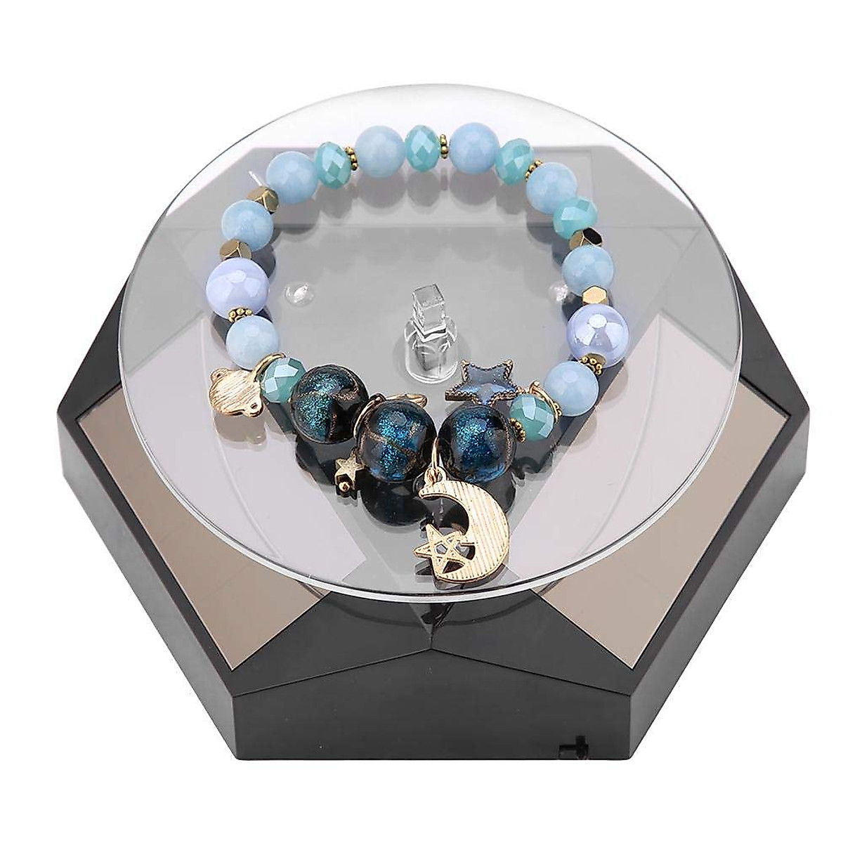 Rotating Display Stand Solar, 360 Rotating Solar Power Showcase LED Light Turntable Watch Jewelry Ring Display Stand for Jewelry Watch Mobile Phones Ring Display (Black)