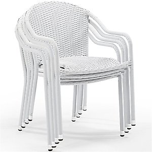 Pemberly Row Outdoor All Weather Wicker Resin Patio Stackable Chair in White (Set of 4)