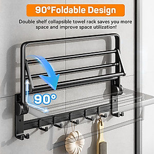 Towel Racks for Bathroom 24in, Black Towel Rack Wall Mounted, Foldable Bathroom Towel Rack with Shelf, Towel Holder with Towel Bar, Drilling/Adhesive Wall Towel Rack for Rental/Laundry,5 Sliding Hooks