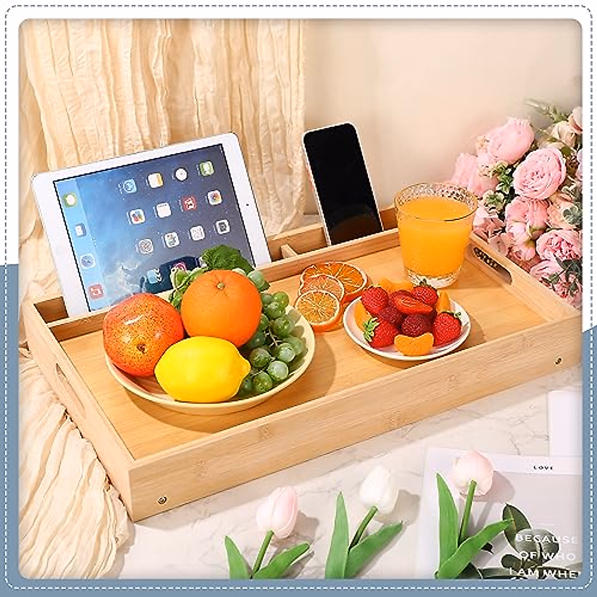 Leinuosen 2 Pcs Large Bed Tray Table with Media Slot 19.7 Inch Bamboo Breakfast Food Tray with Handles Folding Legs Portable Laptop Pad Desk TV Snack Tray for Eating, Reading, Working