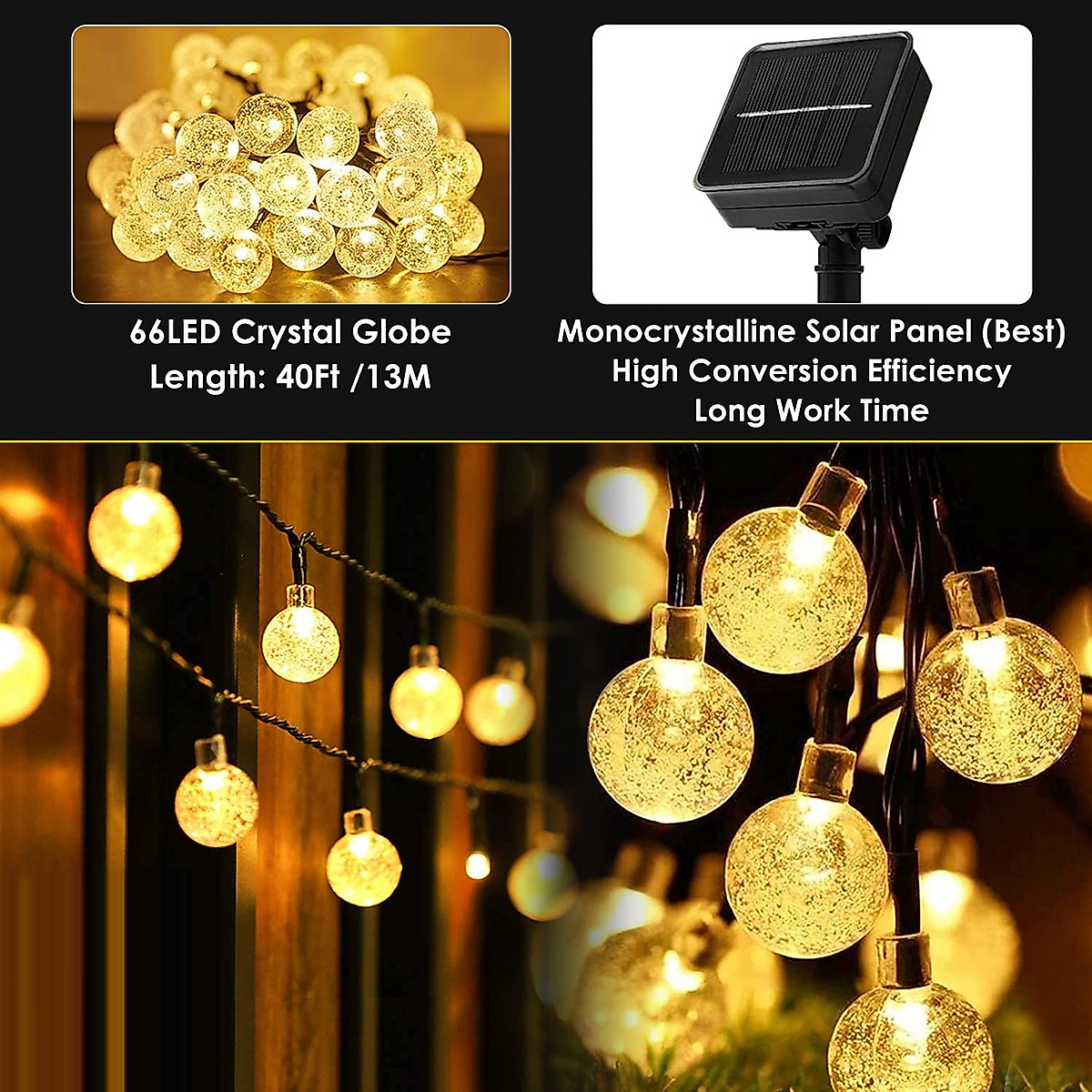 Solar String Lights Outdoor 66LED 40Ft Waterproof Fairy Lights with 8Modes,Solar Powered Crystal Globe Lights for Garden Fence Patio Home Party Christmas Decoration