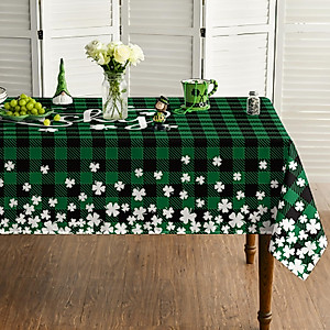 Horaldaily St. Patrick's Day Rectangular Tablecloth 60×84 Inch, Buffalo Plaid Shamrock Lucky Washable Table Cover for Party Picnic Dinner Decor
