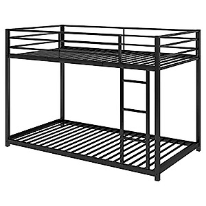 Twin Over Twin Metal Bunk Bed Frame with Safety Guard Rail and Ladder, Space-Saving, No Box Spring Needed, Noise Free (Black)