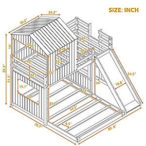 MERITLINE House Bed Bunk Beds with Slide Twin Over Full Size Bunk Bed Frame with Slide,Wooden Playhouse - Design Slide Bunk Beds Twin Over Full Bunk for Boys and Girls