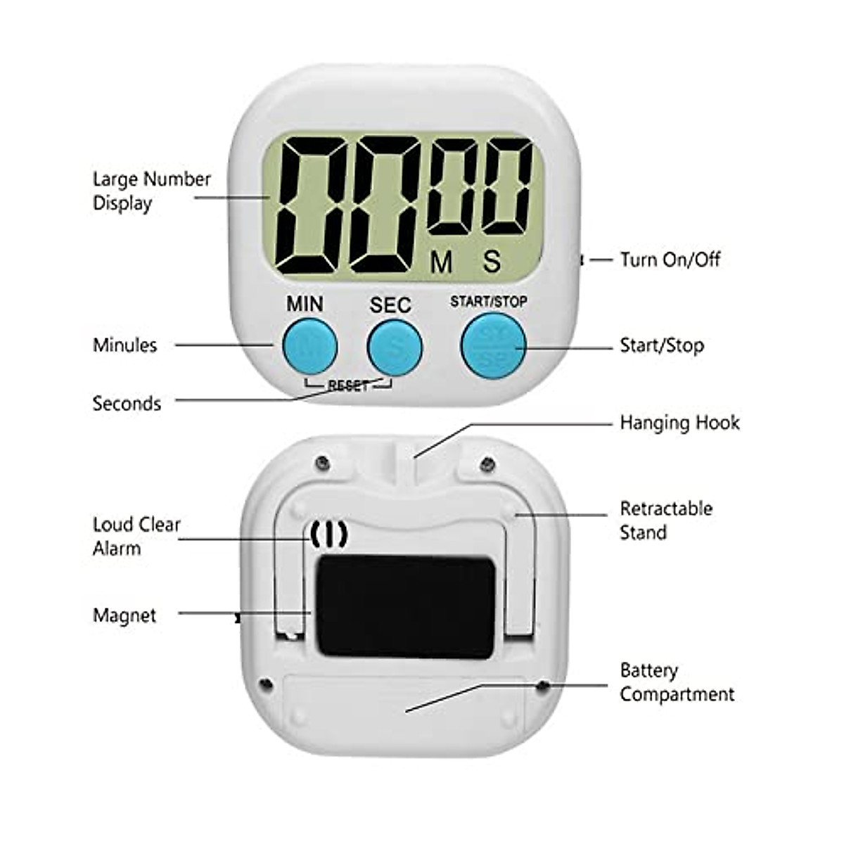 Timers, Classroom Timer for Kids, Kitchen Timer for Cooking,Magnetic Digital Stopwatch Clock Timer for Teacher, Study, Exercise, Oven, Cook, Baking, Desk (White, 1)