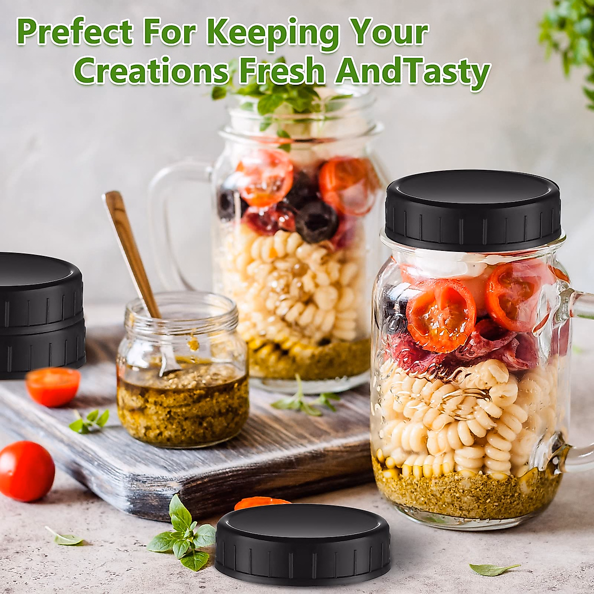 Inbagi 60 Pcs Plastic Canning Jars Lids Bulk Black Mason Jar Lids Reusable Canning Jar Lids Regular Mouth Leakproof Storage Cap with Silicone Ring for Mason Jar Canning Jar and More(70 mm Diameter)