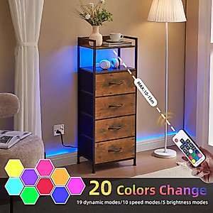 Somdot 4 Drawers Dresser with Charging Station and LED Light for Bedroom, Tall Nightstand with Removable Fabric Bins for Bedside Laundry Closet Entryway Hallway, Wood Grain Print