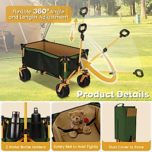 Calanofin Collapsible Folding Wagon Cart Utility 180L Portable Heavy Duty Garden Cart with All-Terrain Beach Wagon with Big Wheels for Sand, Side Pockets & Drink Holders for Shopping Camping Outdoors