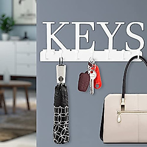 HLWDFLZ Key Holder for Wall - Wall Mounted Key Hangers with 7 Key Hooks, Wall Decorative Organizer Rack for Entryway Mudroom Front Door Kitchen Hallway Office 10 X 4 inches (White Keys)