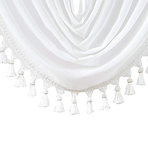 Central Park White Solid Waterfall Valance Window Curtain Linen Texture Rod Pocket with Tassel Accessories for Living and Bedroom Semi Sheer Kitchen Curtain, 56"x38", 1 Piece