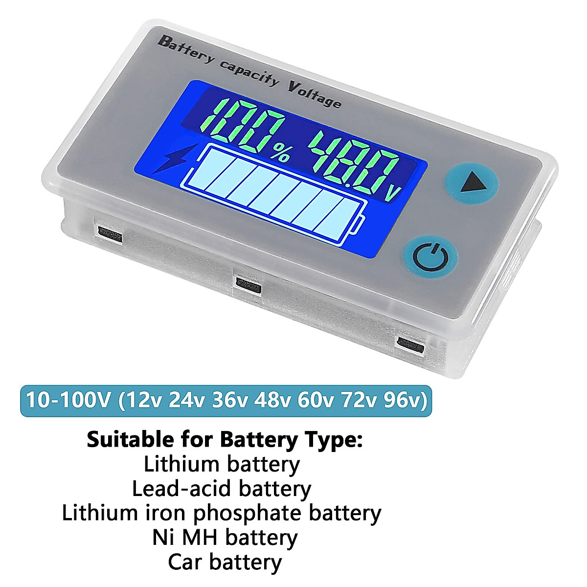 ALMOCN 10-100V Battery Monitor LCD 12V 24V 36V 48V Digital Battery Capacity Voltmeter Tester Percentage Level Voltage Temperature Monitor Meter with Cable