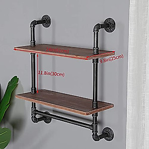 SSS Furniture Industrial Pipe Shelving Bathroom Floating Shelves Wall Mounted, 2 Tier 24 inch Rustic Wood Shelf with Towel Bar, Farmhouse Towel Rack Bathroom Shelf Over Toilet