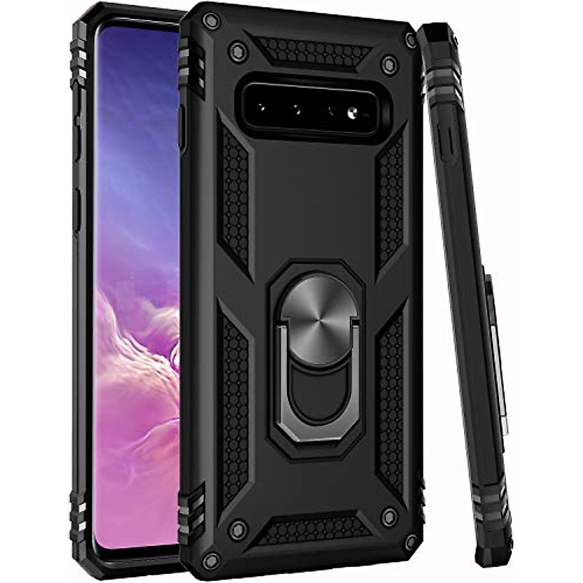 Galaxy S10+ Plus Case, Military Grade Drop Tested, Magnetic Ring Kickstand, Car Mount Compatible, Protective Black Cover