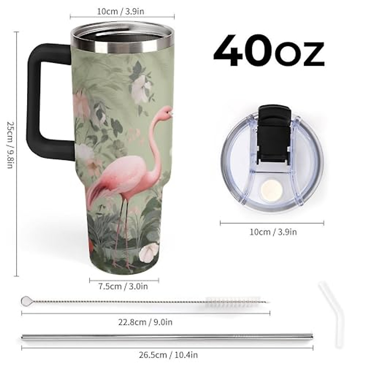 40 Oz Flamingo Insulated Stainless Steel Tumbler with Handle & Straw Lid, Reusable Travel Cupholder Friendly Mug for Coffee, Water, Tea