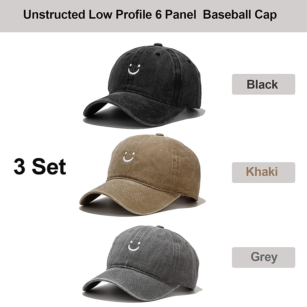 Umeepar 3 Pack Baseball Cap Vintage Distressed Low Profile Unstructured Smile Face Dad Hat Adjustable for Women Men (Black, Grey, Khaki)