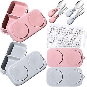 Uiifan 2 Pack Baby Suction Plate Set Silicone Suction Plate Baby with Lid Divided Suction Bowls for Baby Portable Toddler Utensils Compact for Self Feeding Baby Travel Essential (Gray, Pink)