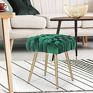 Decent Home Velvet Ottoman Footrest Stool,Tufted Fabric Upholstery Side Table Seat, Vanity Dressing Bench,Knit Lines Chair with Metal Legs for Living Room, Bedroom (Dark Green)