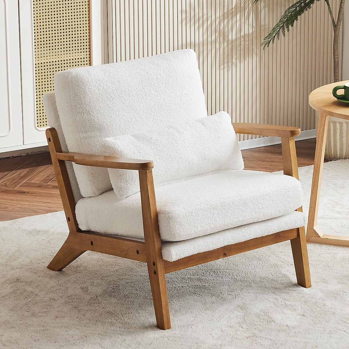 Karl home Accent Chair Wide Armrest Mid-Century Lounge Chair Teddy Fleece Armchair with Lumbar Pillow & Solid Wood Frame for Living Room, Bedroom, Balcony, White
