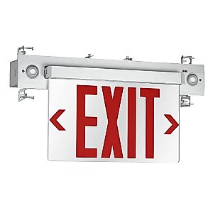 LB91610 Recessed Edge-Lit Red Exit Sign, 120-277V Double Face LED Combo Emergency Light with Adjustable Two Head and Backup Battery, NYC Approved 8” Lettering, UL Certified