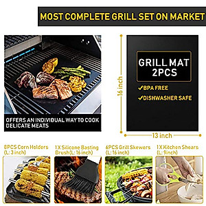34Pcs Grill Accessories Grilling Gifts for Men, 16 Inches Heavy Duty BBQ Accessories, Stainless Steel Grill Tools with Thermometer, Grill Mats for Backyard, BBQ Gifts Set for Men Women