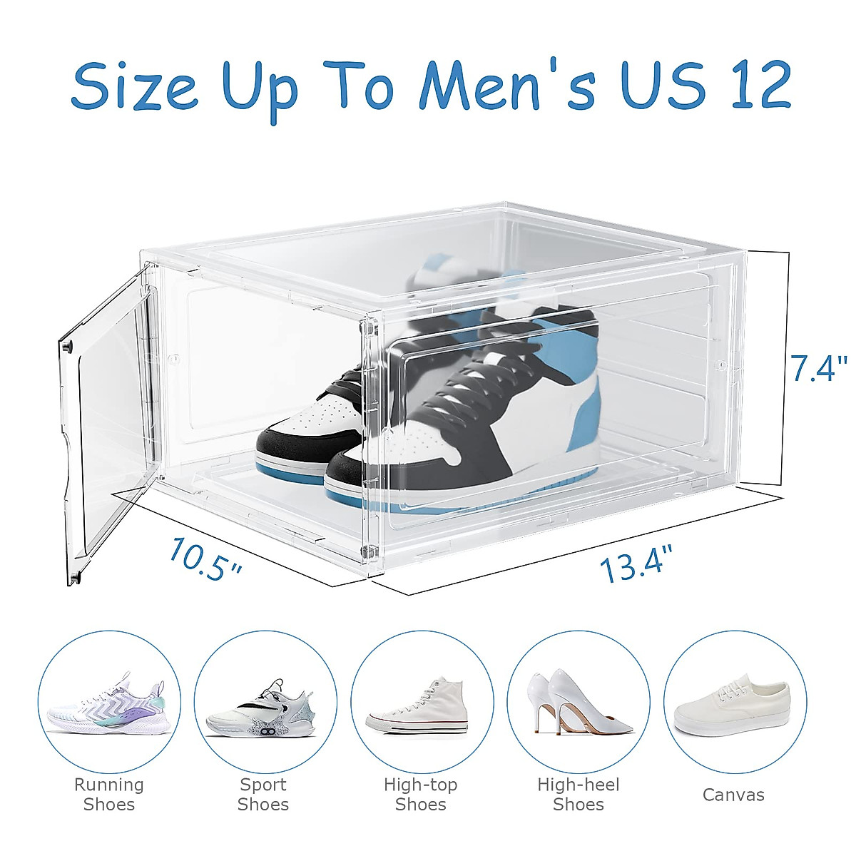Shoe Storage Boxes, Shoe Organizer Shoe Display Case, Shoe Holder Clear Plastic Stackable Sneaker Box, Zapateras Organizer for Closet Drop Front Shoe Box Fit up to US Size 12(13.4”x 10.5”x 7.4”)