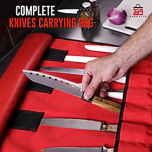 369 Products Chef Knife Bag - 18" x 7" x 3" Waterproof Polyester Knife Roll Bag with 13 Slots, Stylish Leather Straps and Detachable Shoulder Harness, Additional Zipper Compartment