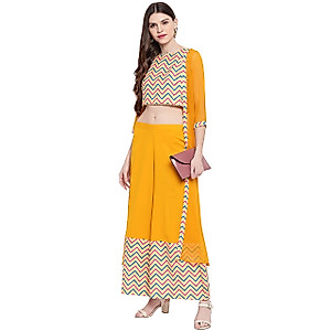 Janasya Indian Women's Yellow Poly Crepe Crop Top with Palazzo and Jacket