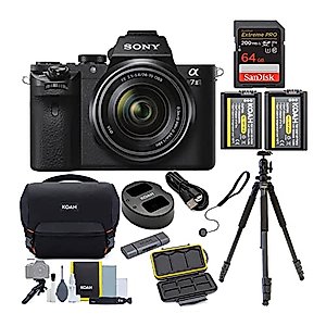 Sony Alpha a7II Mirrorless Digital Camera with 28-70mm OSS Lens Bundle with 60-Inch Tripod, Camera Bag, 64GB SD Card, Card Case and Reader, Battery and Dual Charger, and Lens Cap Keeper (8 Items)