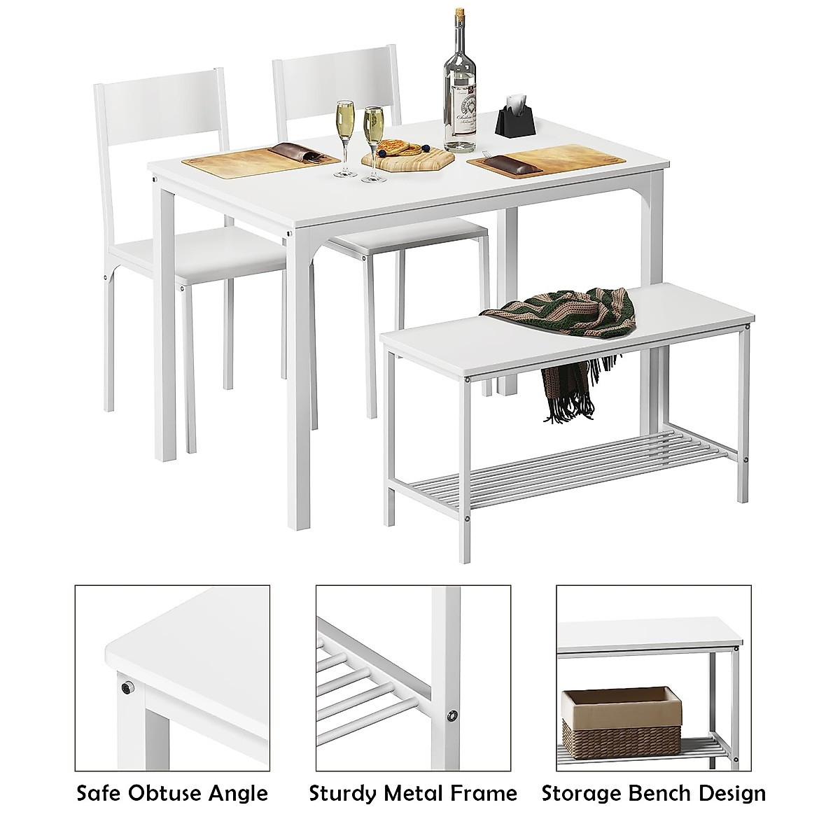 soges 4 Person Dining Table Set,43.3 inch Kitchen Table Set for 4,2 Chairs with Backrest,2-Person Bench with Storage, White Rack,Nesting Furniture Set for Dining Room and Restaurant, White