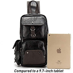 QICHUANG Men Sling Bag PU Leather Unbalance Chest Shoulder Bags Casual Crossbody Bag Travel Hiking Daypacks Gift for Men (black)