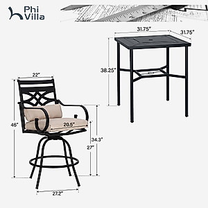 PHI VILLA 5 Piece Patio Bar Set,Outdoor Bar Table and Chairs Set, Strong and Heavy Duty Outdoor Bar Set with Cushion and Pillow，4PC Swivel Bar Stools with Square Bar Height Table