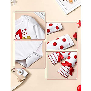 DONWEN Baby Valentine Outfits 3-6 Months My 1st Valentine's Day Baby Girl Outfit Set Long Sleeve Red Romper Bodysuit Dots Leg Warmers Cute Valentine Outfit Baby Girl