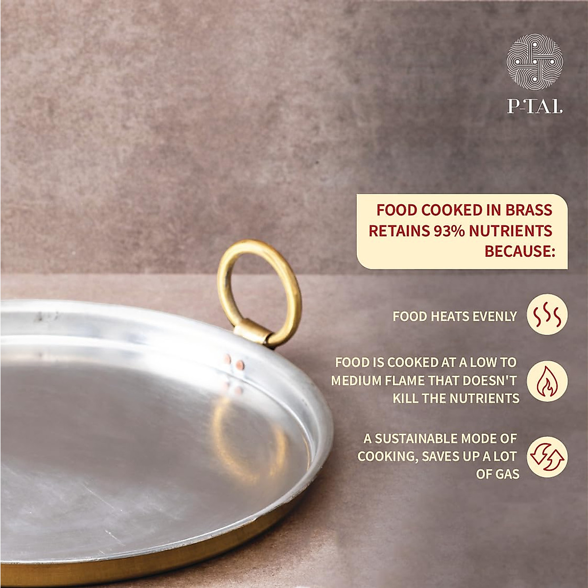 P-TAL Brass Dosa Tawa 28cm Naturally Non Stick Tawa for Dosa with Handles 100% Healthy Dosa Pan with No Teflon/Chemical Coating Handcrafted Ptal Brass Utensils for Kitchen