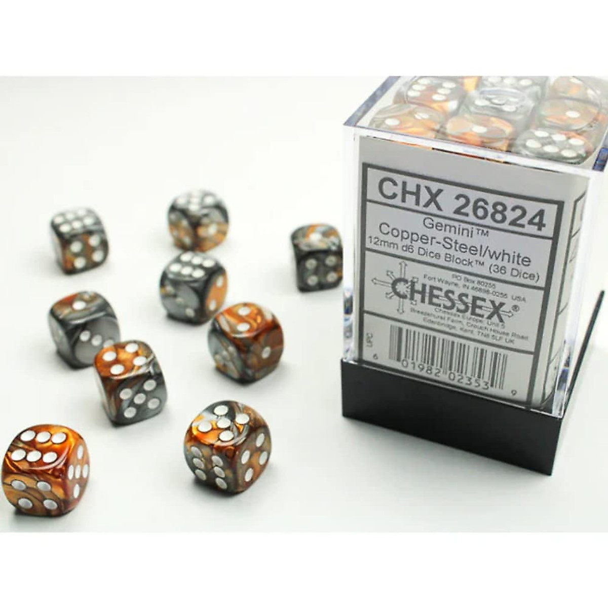 Chessex DND Dice Set D&D Dice-12mm Gemini Copper, Steel, and White Plastic Polyhedral Dice Set-Dungeons and Dragons Dice Includes 36 Dice – D6 (CHX26824)