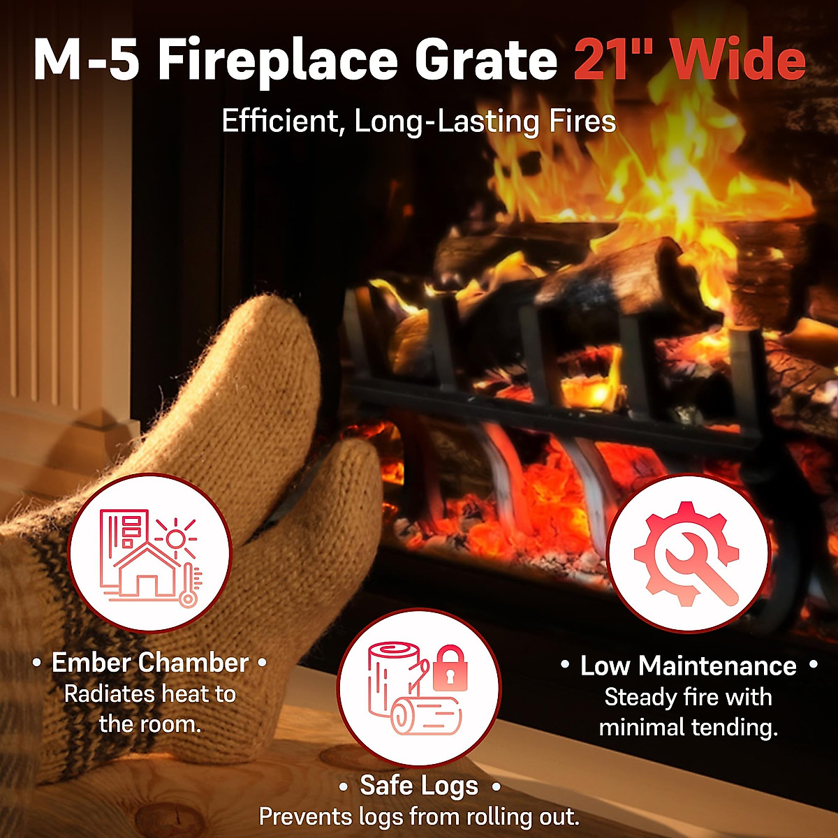 Grate Wall of Fire Model M-5 Smoke-Free Fireplace Grate – 21" Wide, 15" Tall, Heavy-Duty Alloy Steel – Boosts Heat Output, Reduces Smoke – Fits Fireplaces with 21" Rear Width or More – Made in USA