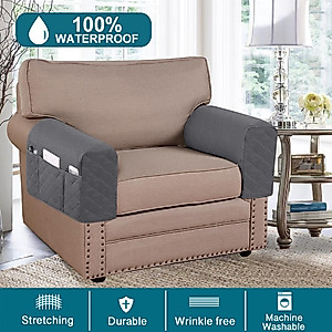 Turquoize 2 Pack Waterproof Armrest Covers for Chairs and Sofas Couch Arm Covers for Sofa Armrest Covers with Side Pocket Anti-Slip Furniture Protector Washable Armrest Slipcovers Set of 2, Gray