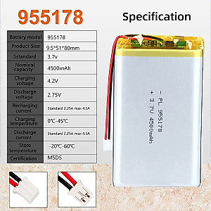 AKZYTUE 3.7V 4500mAh 955178 Lipo Battery Rechargeable Lithium Polymer ion Battery Pack with PH2.0mm JST Connector