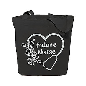 GXVUIS Future Nurse Canvas Tote Bag for Women Aesthetic Floral Heart Reusable Grocery Shopping Bags Nursing Student Gift Black