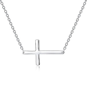 LANE WOODS Christmas Gifts 18K Real White Gold(3-5mls) Plated 925 Sterling Silver Sideways Cross Necklace for Women