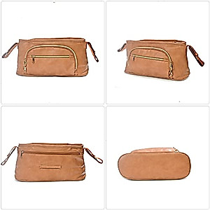 KZNI Leather Baby Stroller Organizer with Insulated Cup Holders,Diaper Storage Secure Straps Pockets for Phone Compact Design Fit All Strollers(brown)