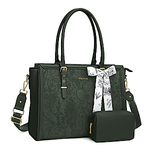 MOSISO Laptop Tote Bag for Women, 15.6-16 inch PU Leather Compatible with MacBook, HP, Dell, Asus Notebook, Front Embossed Retro Hibiscus Computer Bag with Silk Scarf & Clutch Purse, Emerald Green
