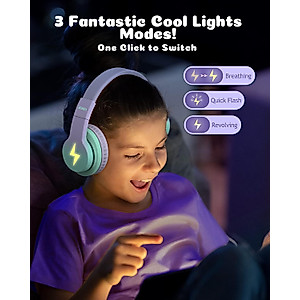 seenda Kids Bluetooth Headphones, Colorful Wireless Over Ear Headset with 85dB/94dB Volume Limited, 45H Playtime, 3 Lighting Modes, Built-in Mic Headphones for Boys Girls iPad Tablet School Green