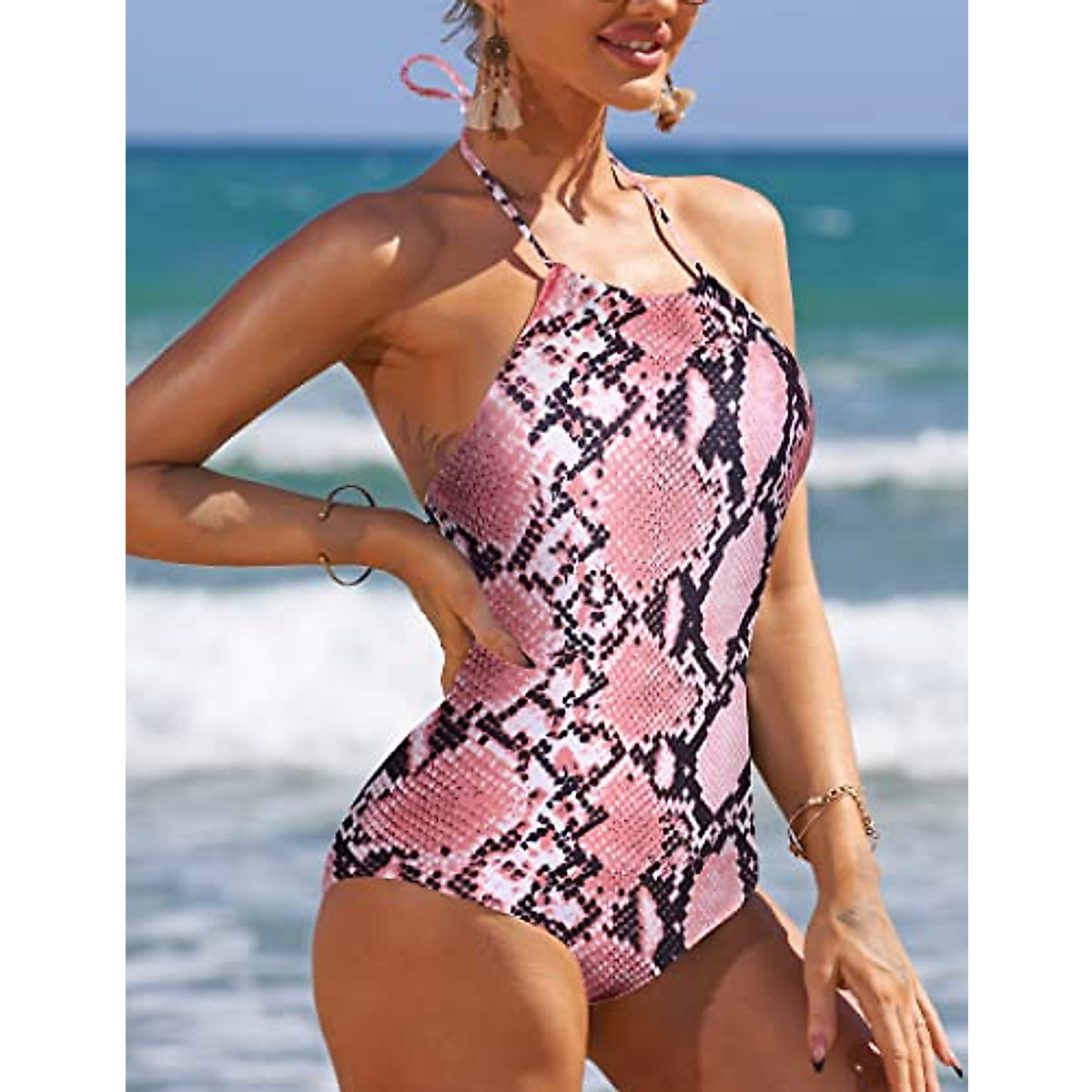 Ekouaer Womens 1 Piece Halter High Neck Swimwear, Large, Pat12 Snakeskin