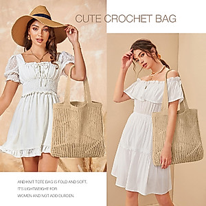 Crochet Tote Bag, Beach Mesh Knitted Bag Large Aesthetic Shoulder Bag Handbags Hollow Hobo Bag for Women Summer (Khaki, 4-Strips)