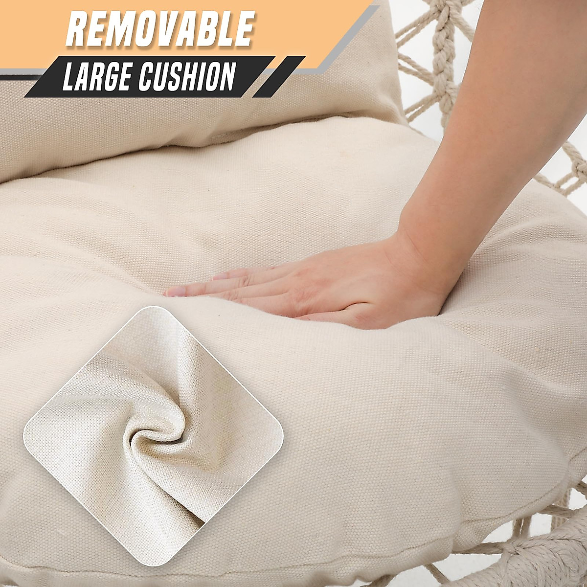 SFIHOME Boho Style Macrame Hanging Swing Chair for Adults, Hammock Swing Chair for Indoor and Outdoor Use, Max 350 Lbs, Beige, SFA75-HC001WHWH