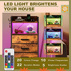 Nightstand 5 Drawer Dresser with Charging Station & LED Lights, Side Table with Fabric Drawers, End Table with Open Shelf with Hooks, Tall Dresser for Bedroom, Hallway, Entryway (Rustic Brown)