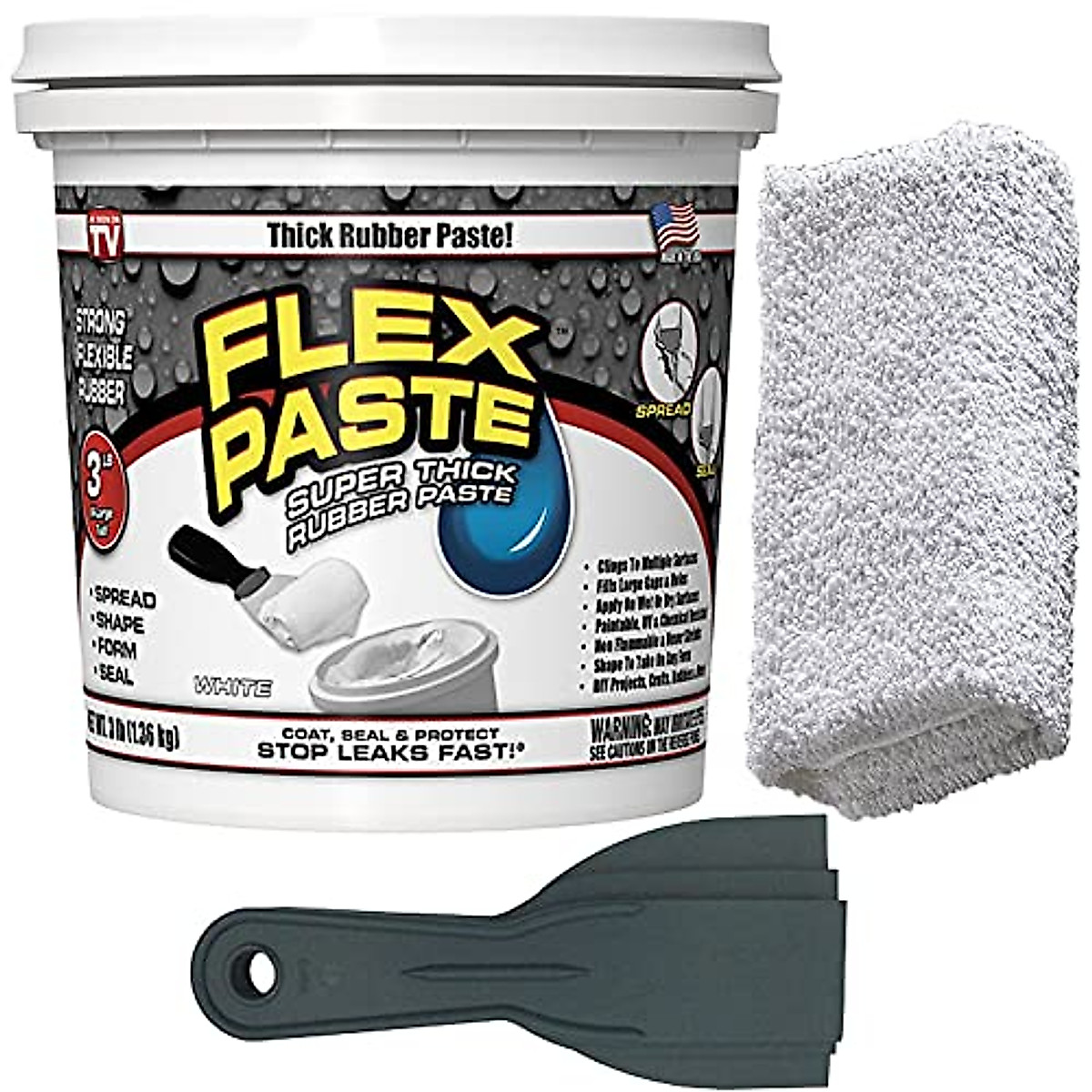 Flex Seal White Flex Paste, 3lb - Crack Repair Bundle with Putty Knife Set + Daley Mint Cleaning Towel | Quickly Fills Gaps, Holes, Leaks