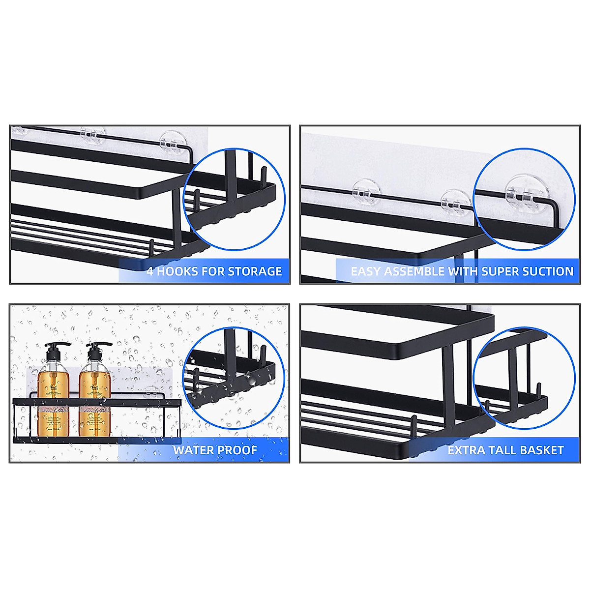 Comelyjewel 6 Pack Bathroom Adhesive Shower Shelves for Tile Wall Toiletry Kitchen Organizer and Large Capacity Bathtub Essentials Wall Rack Suction Shower Caddy for Inside Shower Storage