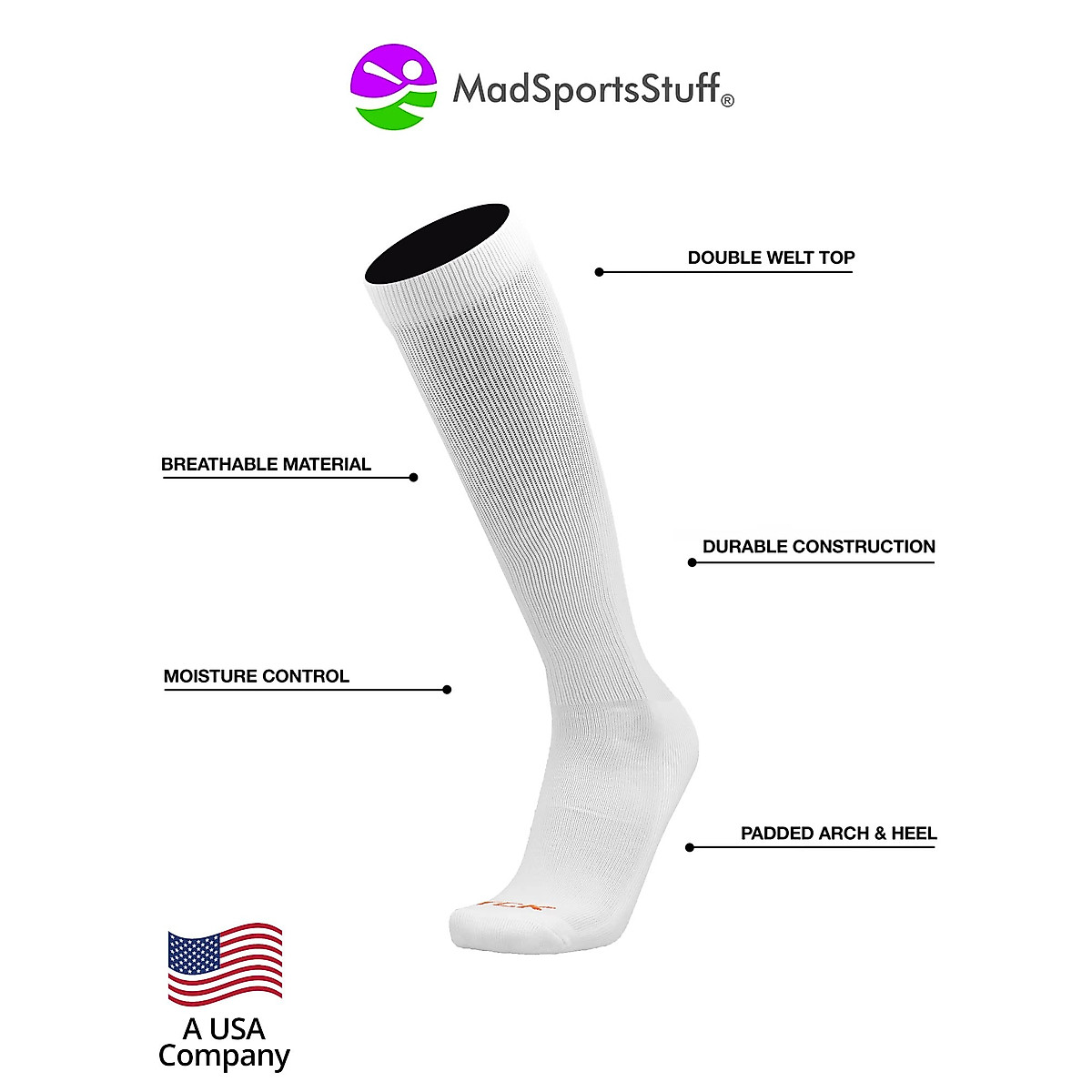 MadSportsStuff Pro Line Over the Calf Baseball Socks (White, Large)
